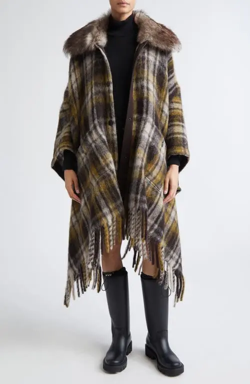 Moncler Plaid Felt Cape With Genuine Shearling Collar - Neutral