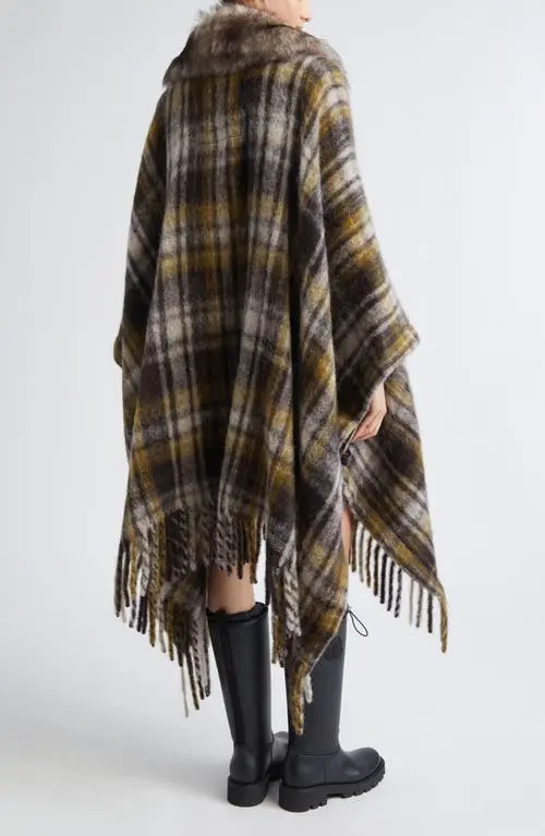 Moncler Plaid Felt Cape With Genuine Shearling Collar - Neutral