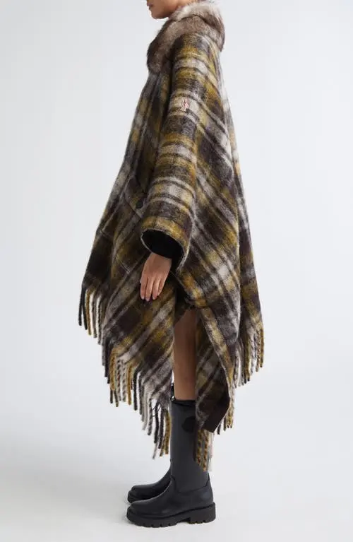 Moncler Plaid Felt Cape With Genuine Shearling Collar - Neutral