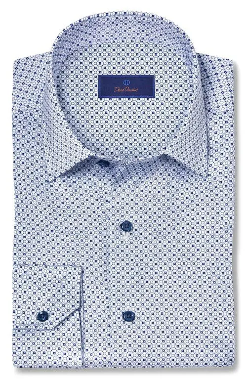 David Donahue Geometric Print Sport Shirt - White/blue