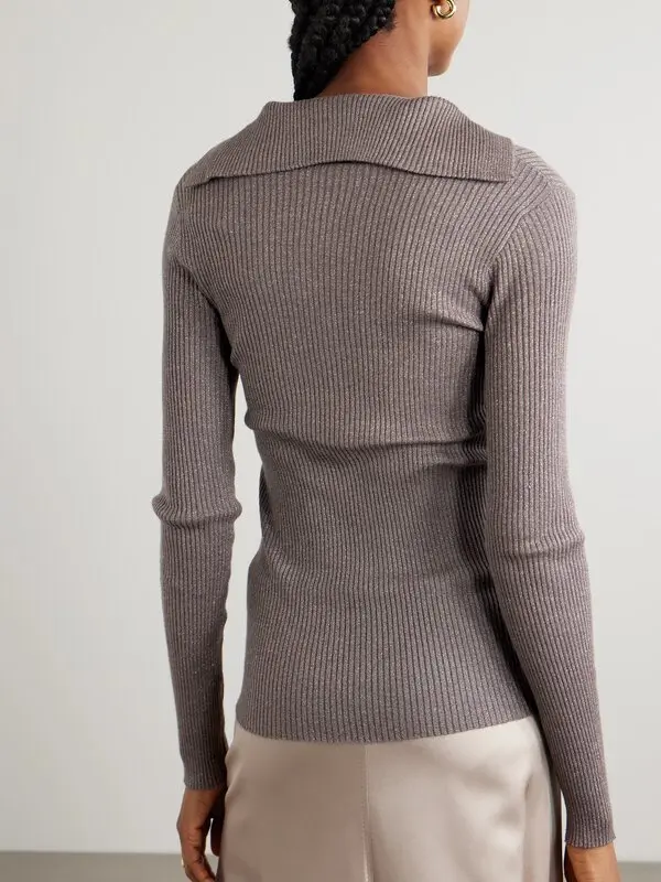 Brunello Cucinelli Ribbed Metallic Cashmere And Silk-blend Top - Brown