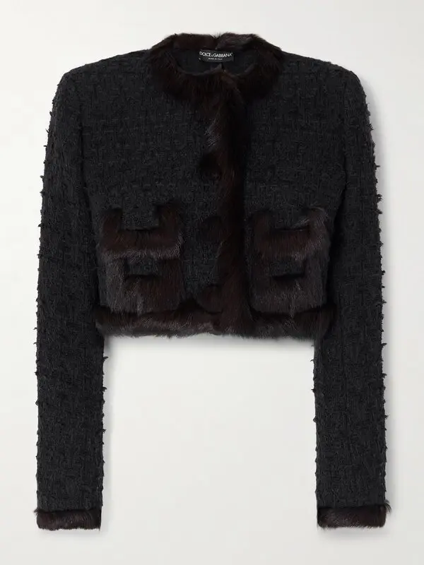 Dolce & Gabbana Cropped Cotton-blend Tweed Jacket With Shearling Trim - Black