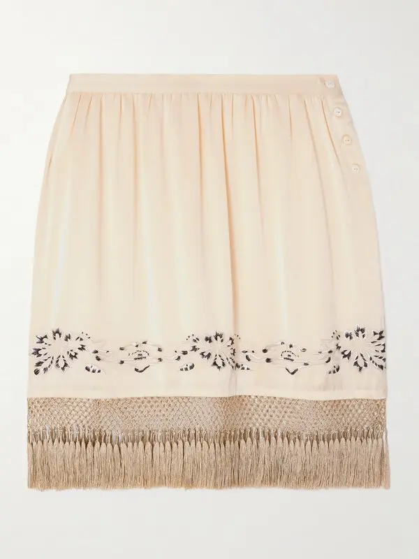 BODE Phantasm Fringed Embroidered Silk-satin Mini Skirt - Neutrals