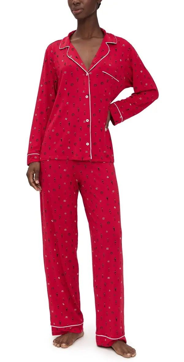Eberjey Gisele Printed Long Pajama Set - Nutcracker Holly Red/ivory