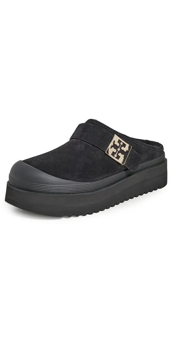 Tory Burch Mellow Shearling Platform Mules - Perfect Black / Gold