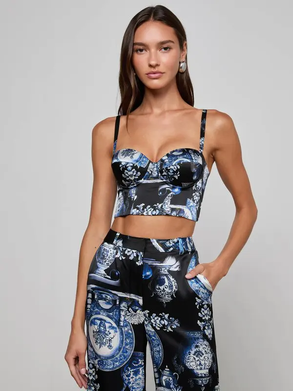 L'Agence Sonya Printed Silk Bustier - Black/blue Small Porcelain Print