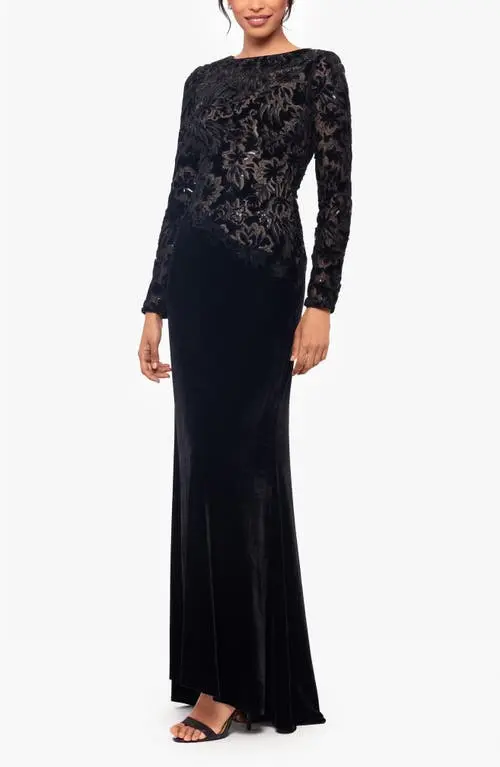 Betsy & Adam Sequin And Floral Velvet Gown