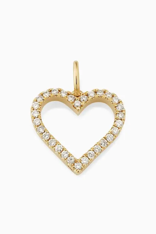 ORADINA 14k Open Heart Diamond Pendant Charm, 25mm - Yellow Gold