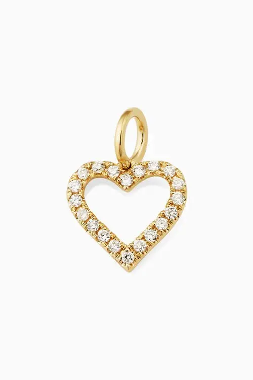 ORADINA 14k Open Heart Diamond Pendant Charm, 15mm - Yellow Gold