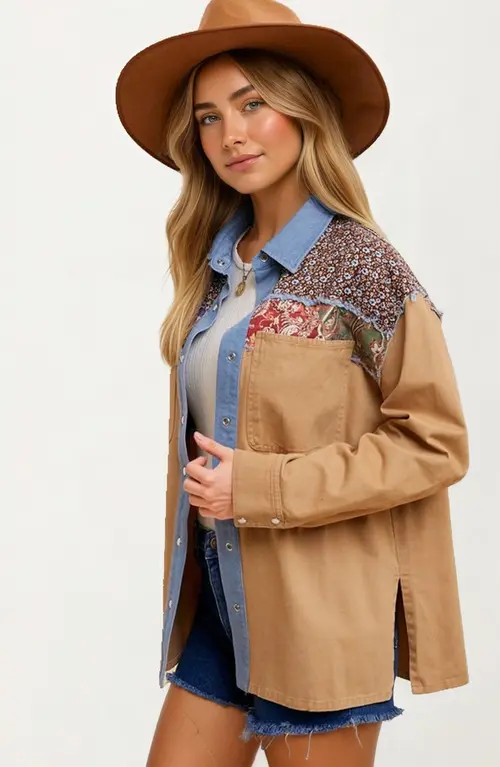 KNIT & LOUNGE Patchwork Button-up Jacket With Floral Accents