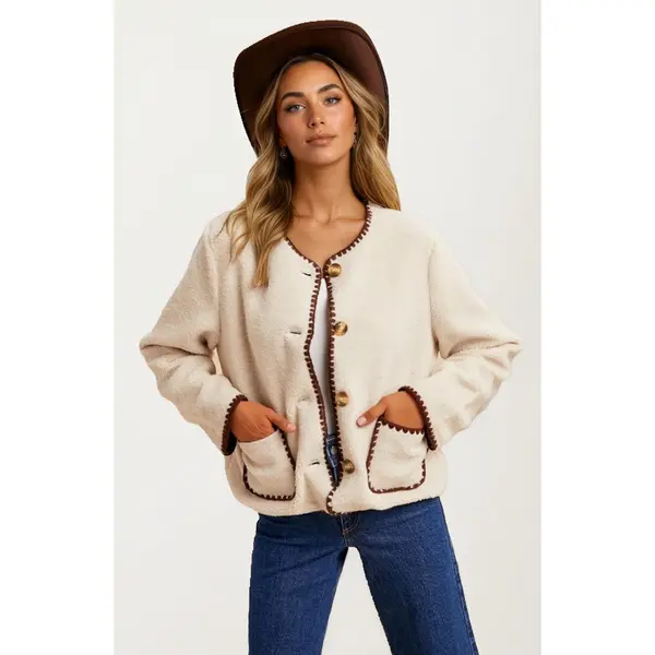 KNIT & LOUNGE Button-front Fleece Jacket With Contrast Trim - Beige