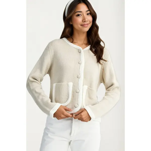 KNIT & LOUNGE Button-front Cardigan With Contrast Trim And Patch Pockets