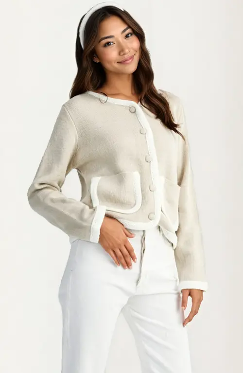 KNIT & LOUNGE Button-front Cardigan With Contrast Trim And Patch Pockets