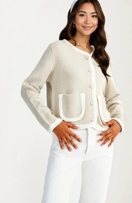 KNIT & LOUNGE Button-front Cardigan With Contrast Trim And Patch Pockets