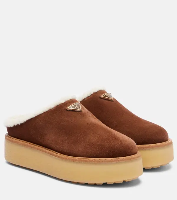 Prada Shearling-trimmed Suede Platform Mules - Brown