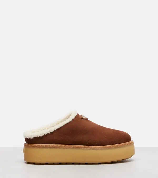 Prada Shearling-trimmed Suede Platform Mules - Brown