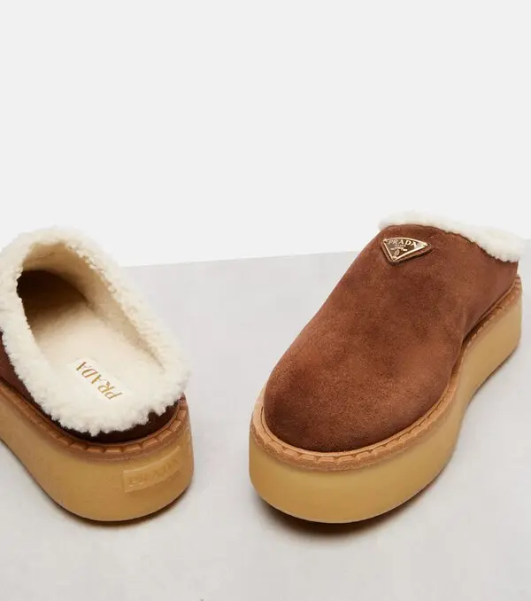 Prada Shearling-trimmed Suede Platform Mules - Brown