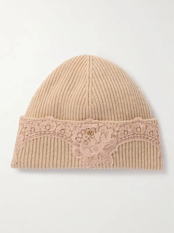 Valentino Garavani Lace-trimmed Ribbed Cashmere Beanie - Pink