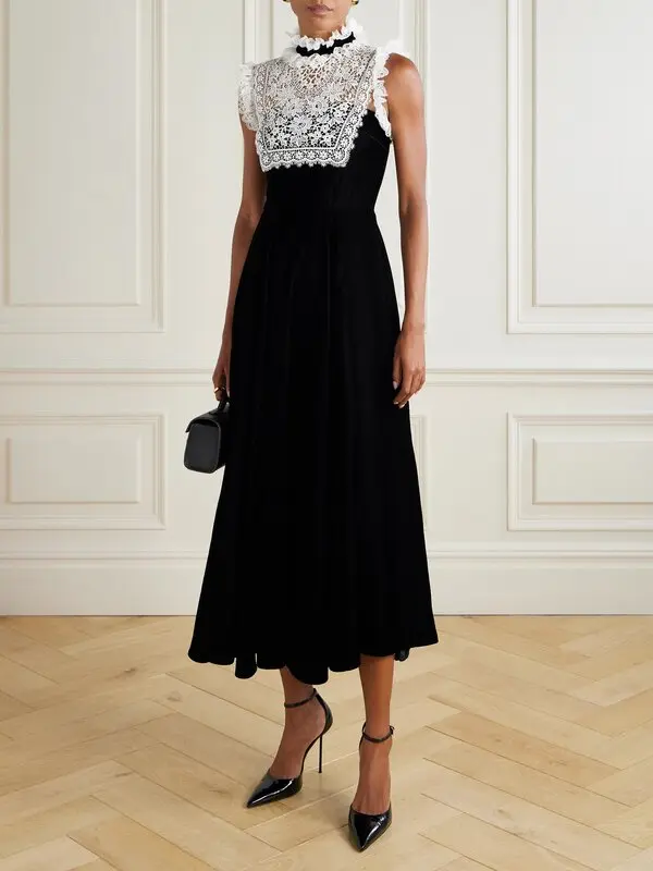 Rodarte Lace-Trimmed Velvet Midi Dress In Black - 50% Off | Editorialist