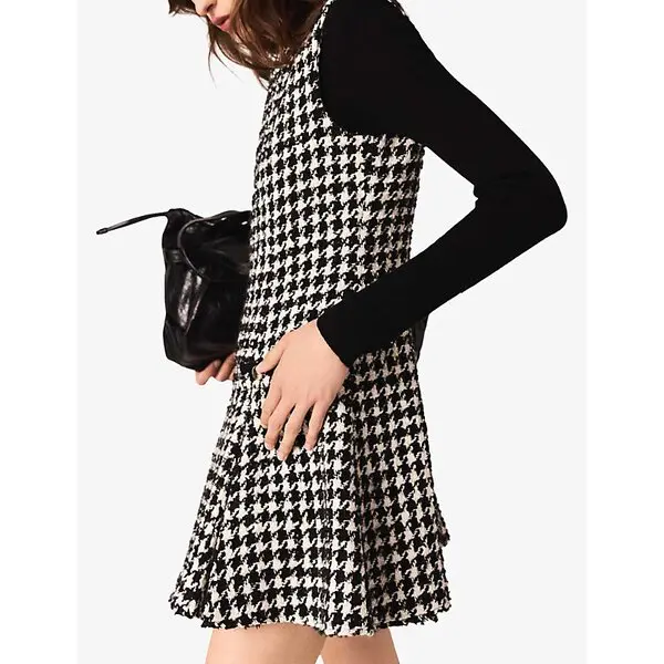Maje Houndstooth Flared Tweed Mini Dress