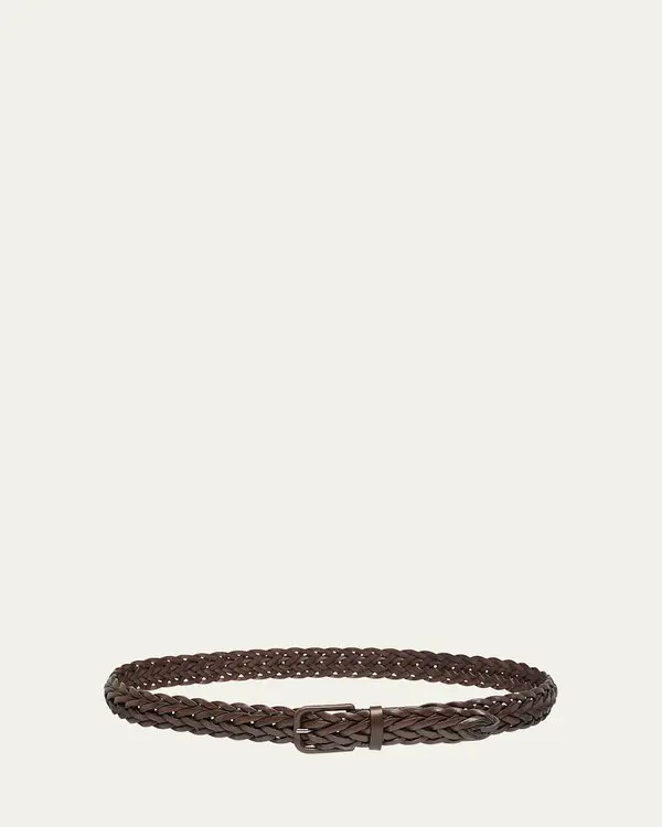 Giorgio Armani Braided Leather Belt With Covered Buckle - Brown