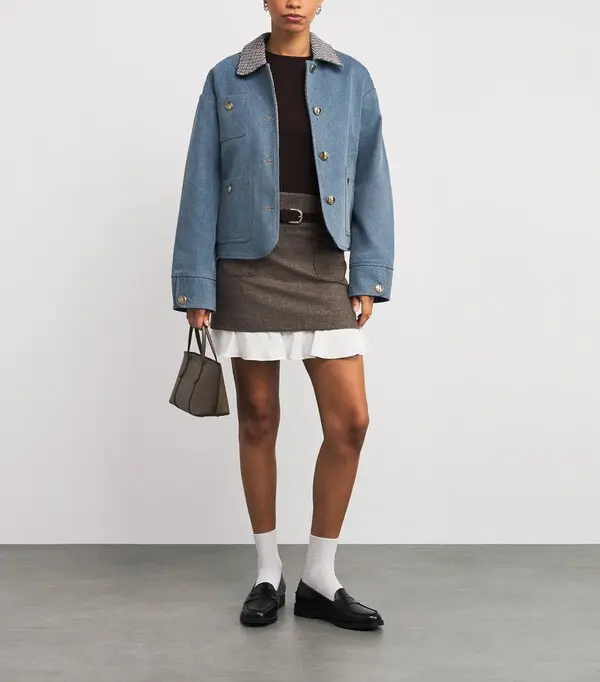 Sandro Denim Jacket With Check Trim - Blue