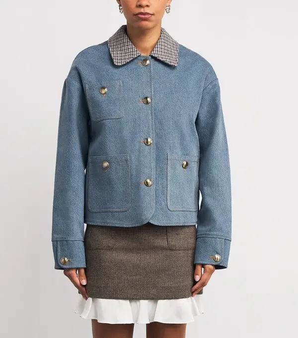 Sandro Denim Jacket With Check Trim - Blue
