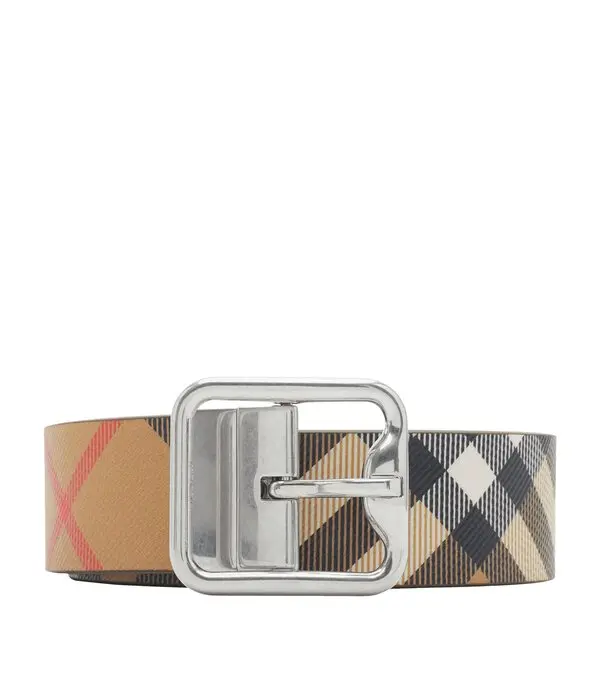 Burberry Leather Check Reversible B-buckle Belt - Silver