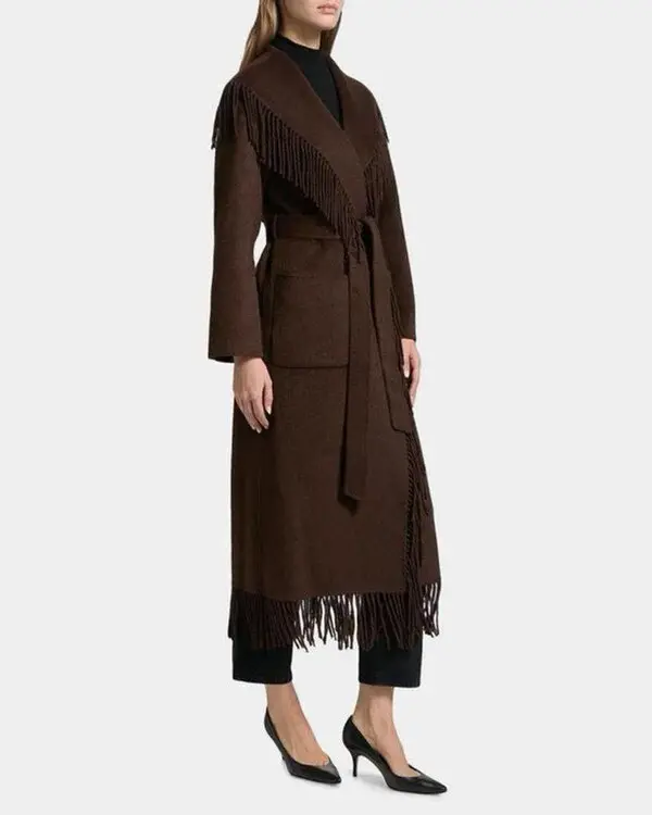 Simkhai Carrie Fringe Wool Long Coat - Chocolate
