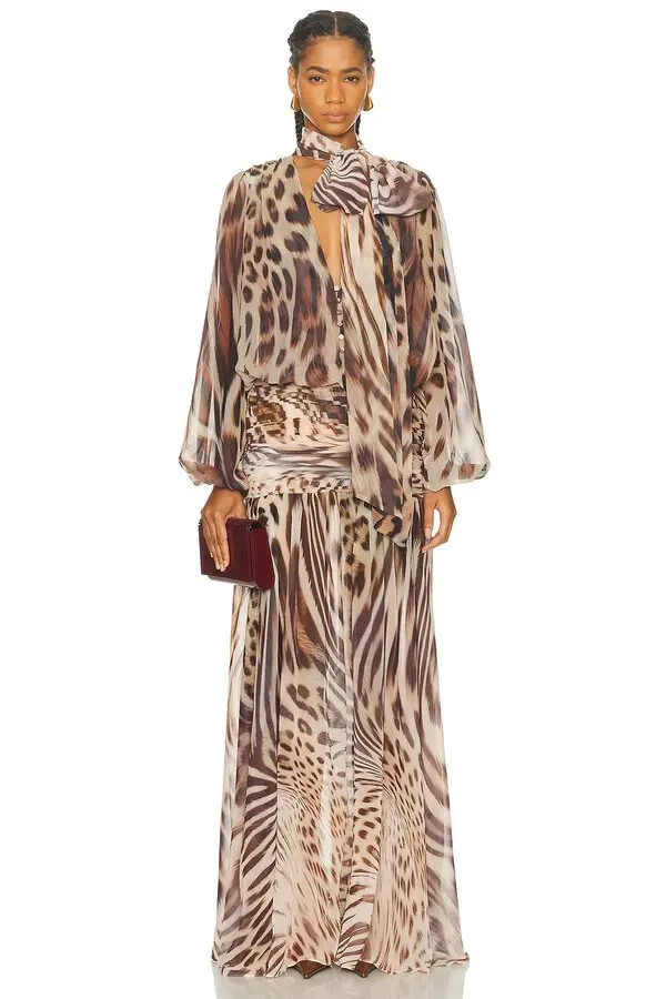 Retrofete Opaline Chiffon Dress With Attached Scarf - Melting Animal Print