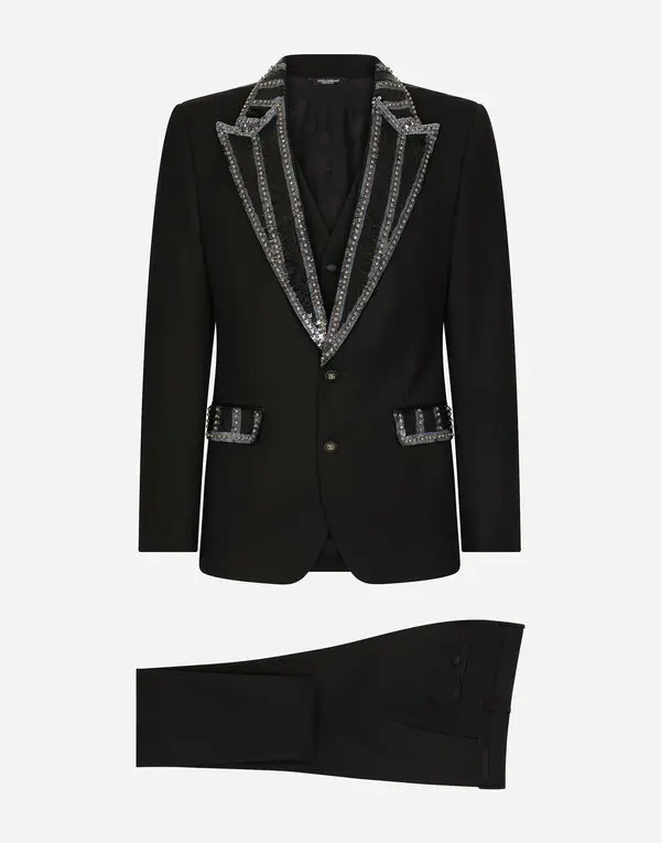 Dolce & Gabbana Three-piece Stretch Wool Sicilia-fit Suit With Rhinestones - Black