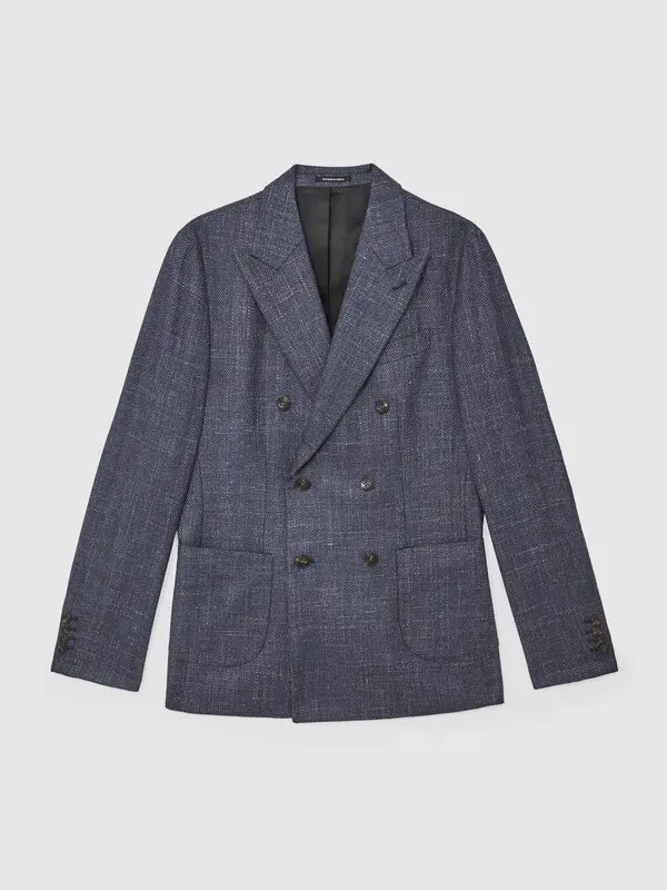 REISS Pinto Double-breasted Herringbone Blazer Tailored-fit Wool-blend - Navy