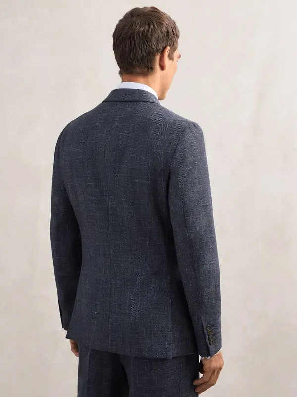 REISS Pinto Double-breasted Herringbone Blazer Tailored-fit Wool-blend - Navy
