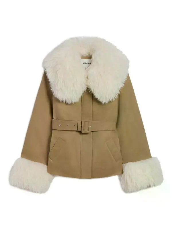 Apparis Belted Jacket With Faux Fur Trim