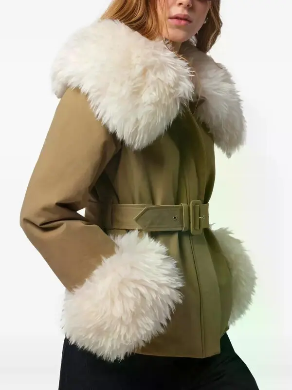 Apparis Belted Jacket With Faux Fur Trim