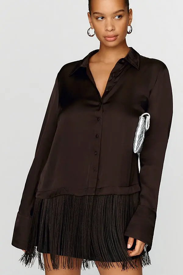 Anthropologie Silky Fringed Buttondown Blouse - Ganache