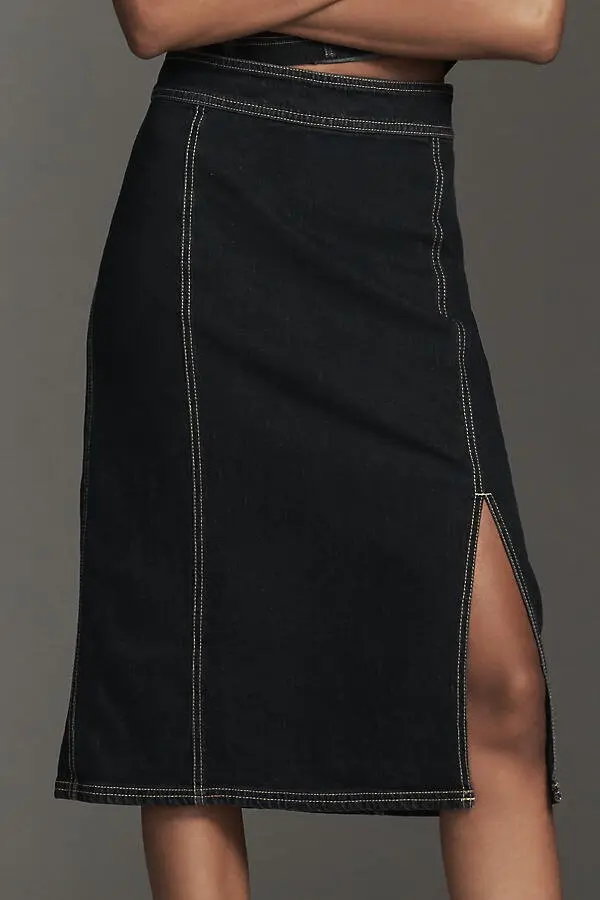 PILCRO Seamed Side-slit Denim Midi Skirt