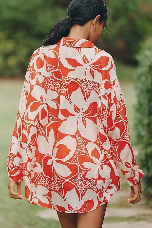 L*Space Rio Linen Tunic Shirt - Hibiscus Bloom