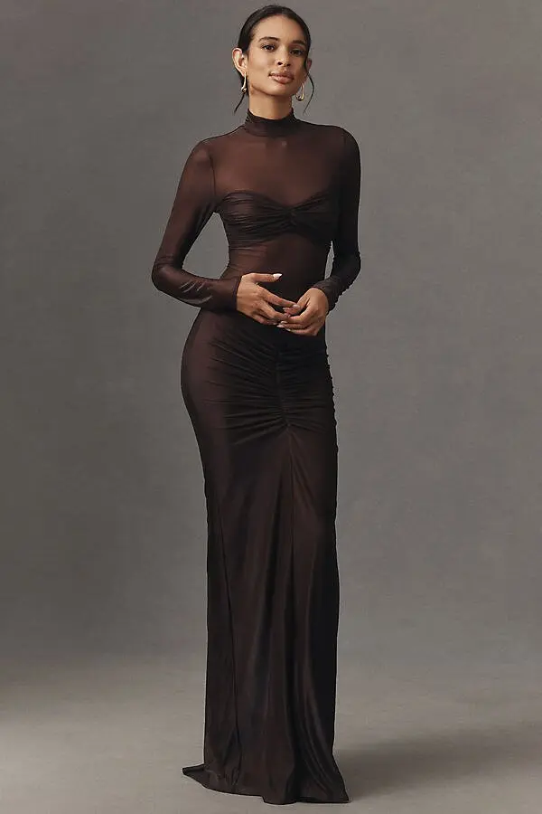 chinese dress ladies Momyknows Dark Brown Oblique Shoulder Sheer Draped Hem Ruched Maternity Baby Shower Maxi Dress Dark Brown / S