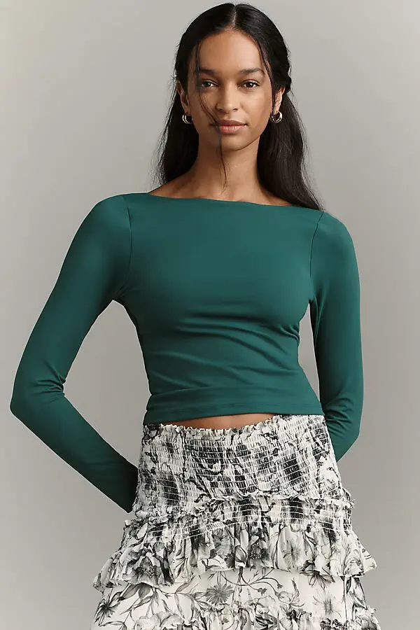 Susana Monaco Long-sleeve Scoop-back Top - Dark Green