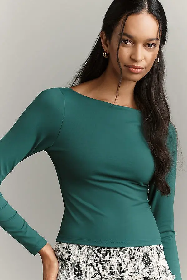 Susana Monaco Long-sleeve Scoop-back Top - Dark Green