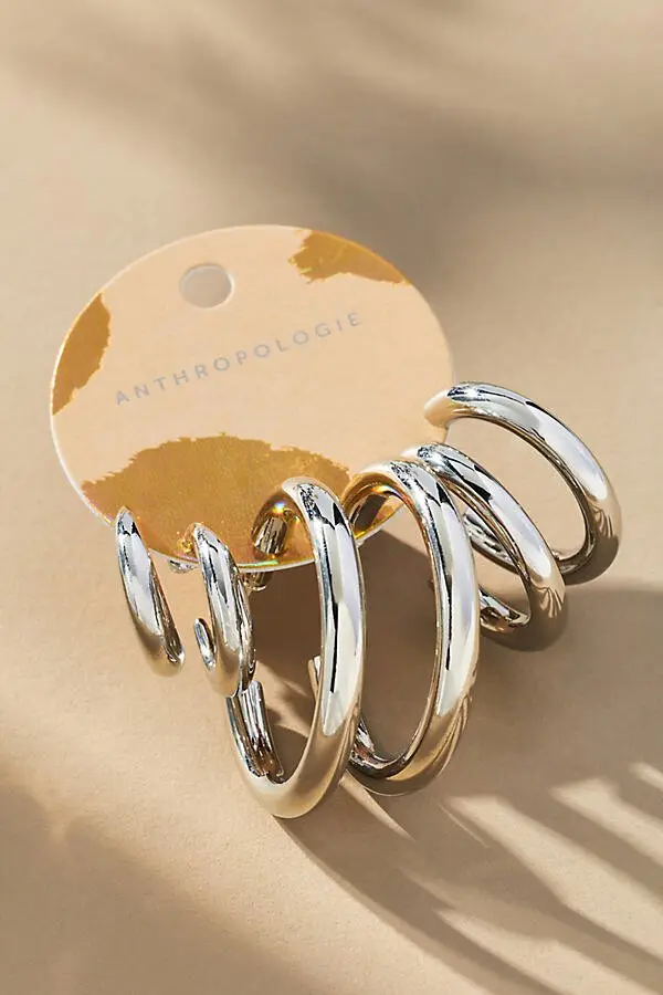 Anthropologie Hoop Earrings Set Of 3 - Silver