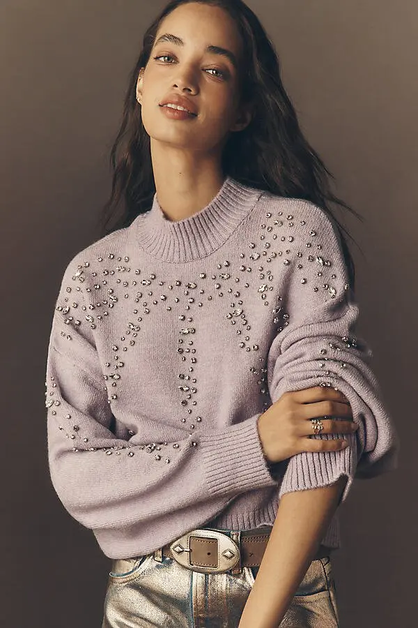 PILCRO Embellished Mock-neck Sweater - Wisteria Bloom