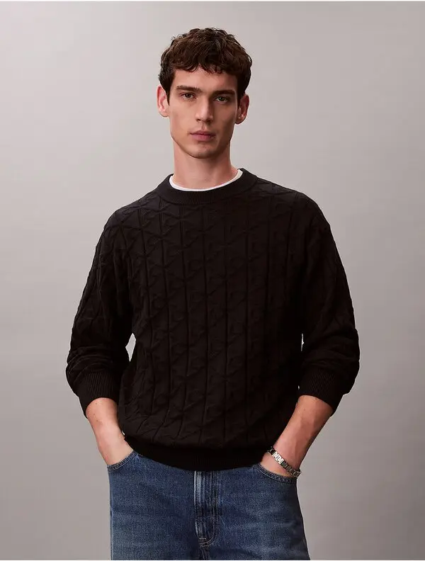 Calvin Klein Allover Emblem Logo Ribbed Sweater - Black