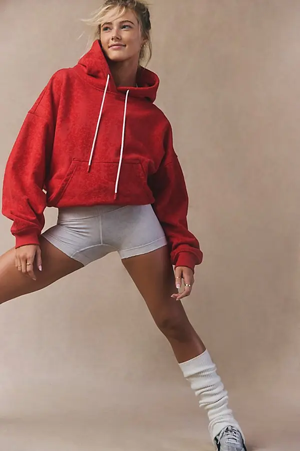 Free People Flocked Velvet Hoodie - Victory Red