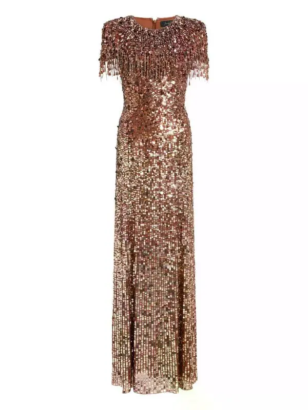 Jenny Packham Eugenie Sequin Fringed Maxi Dress - Brown