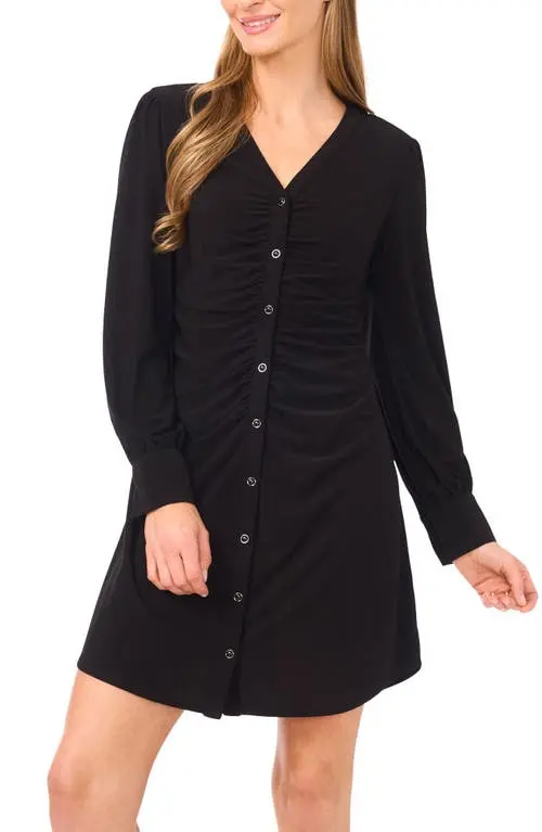 CECE DUPRAZ Shirred Front Button Long Sleeve Dress
