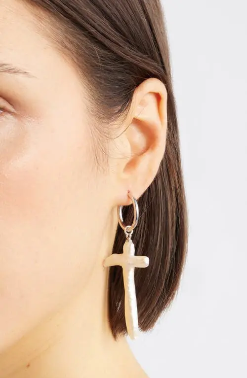 CHILD OF WILD Esther Freshwater Pearl Cross Huggie Hoop Earrings - Silver