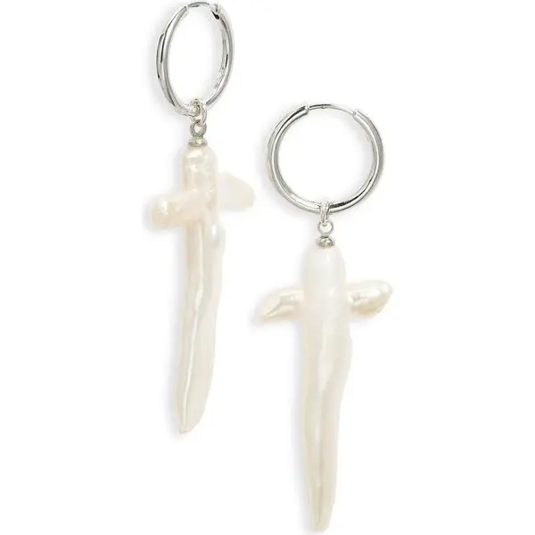 CHILD OF WILD Esther Freshwater Pearl Cross Huggie Hoop Earrings - Silver