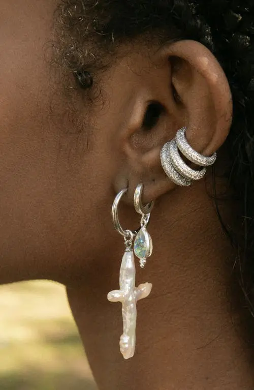 CHILD OF WILD Esther Freshwater Pearl Cross Huggie Hoop Earrings - Silver